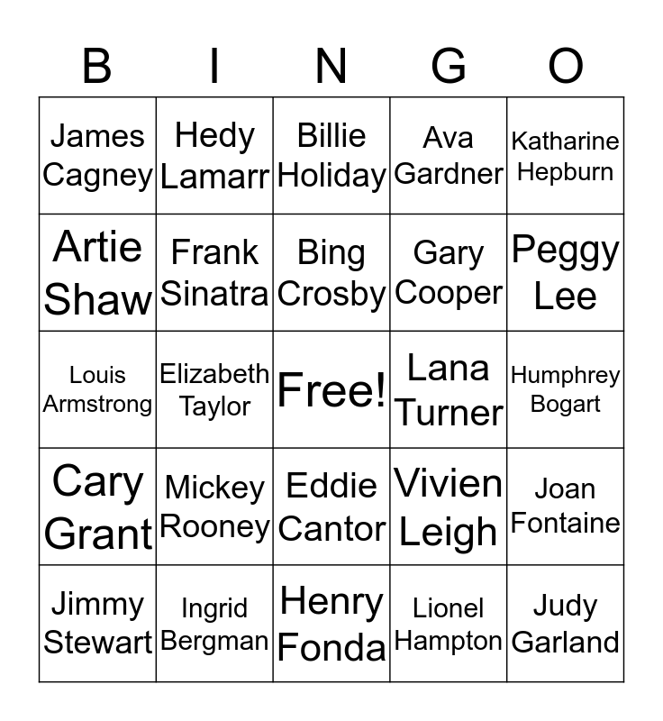 1940s Actors, Actresses and Singers Bingo Card