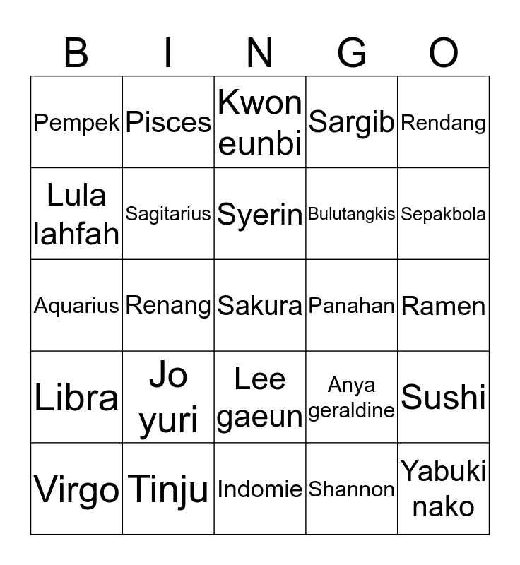 Cacad Bingo Card