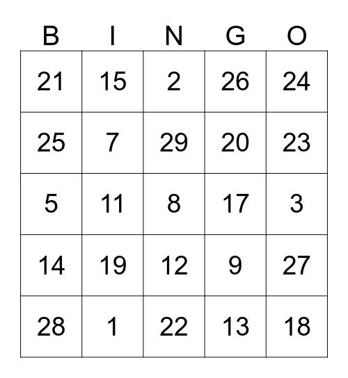 Numbers Bingo Card