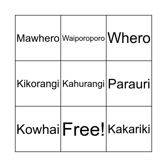 Maori Colours Bingo Card