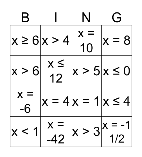 Equations and Inequalities Bingo Card