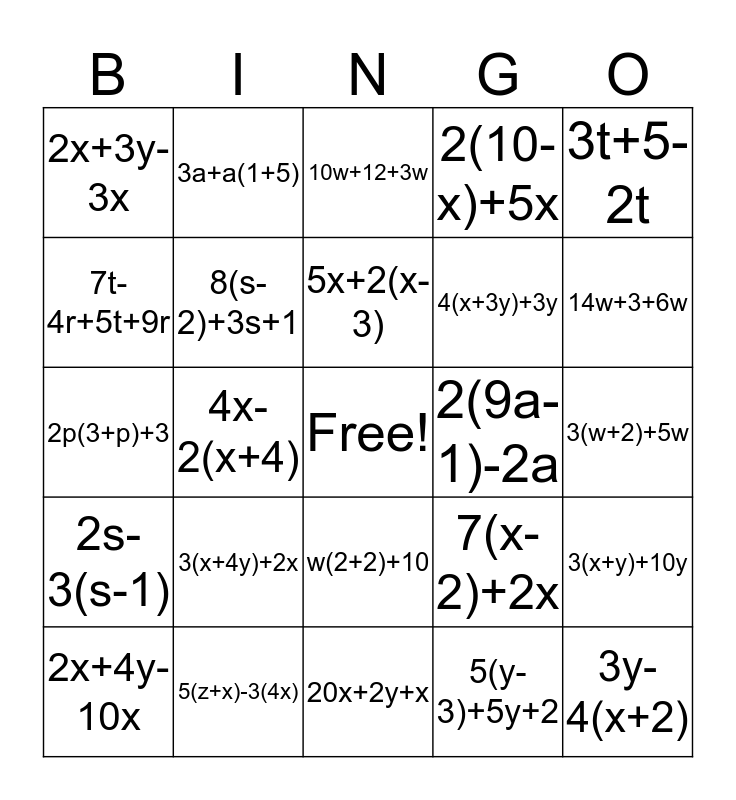 Combining Like Terms Bingo Card