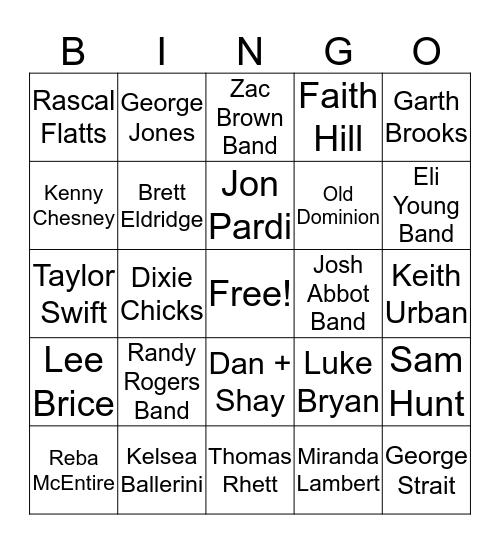 Country Bingo Card