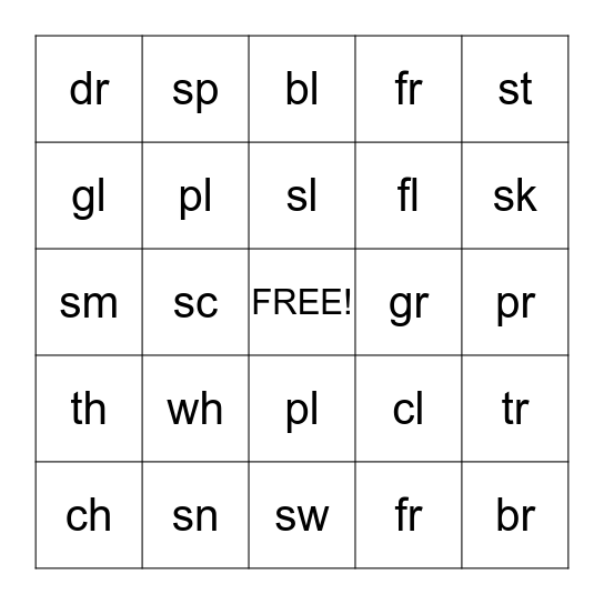Consonant Cluster Bingo Card