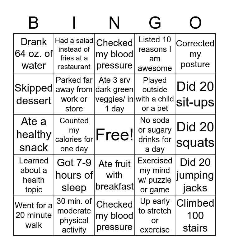 Health and Wellness Bingo Card