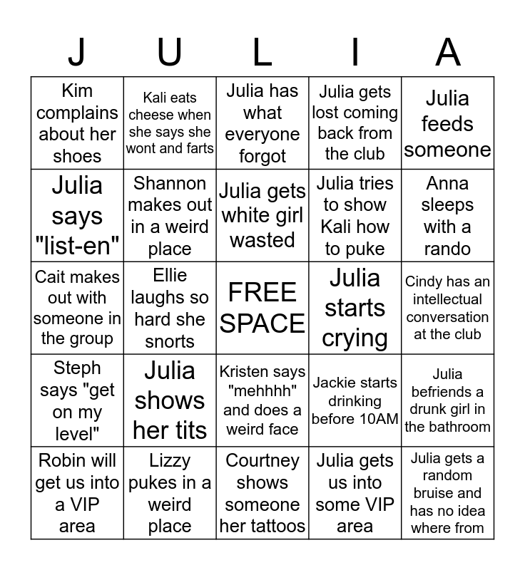Julia's Bachelorette Bingo!! Bingo Card