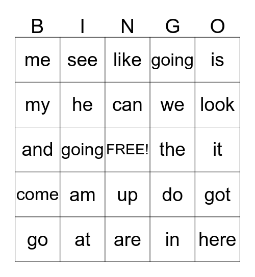 Sight Word Bingo Level 1 Bingo Card