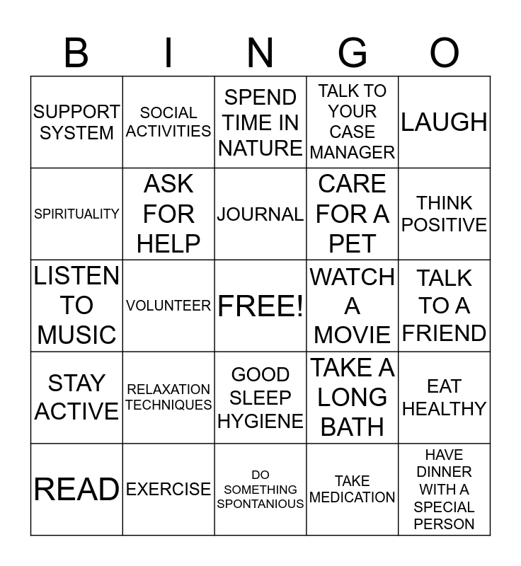 DEPRESSION COPING SKILLS Bingo Card