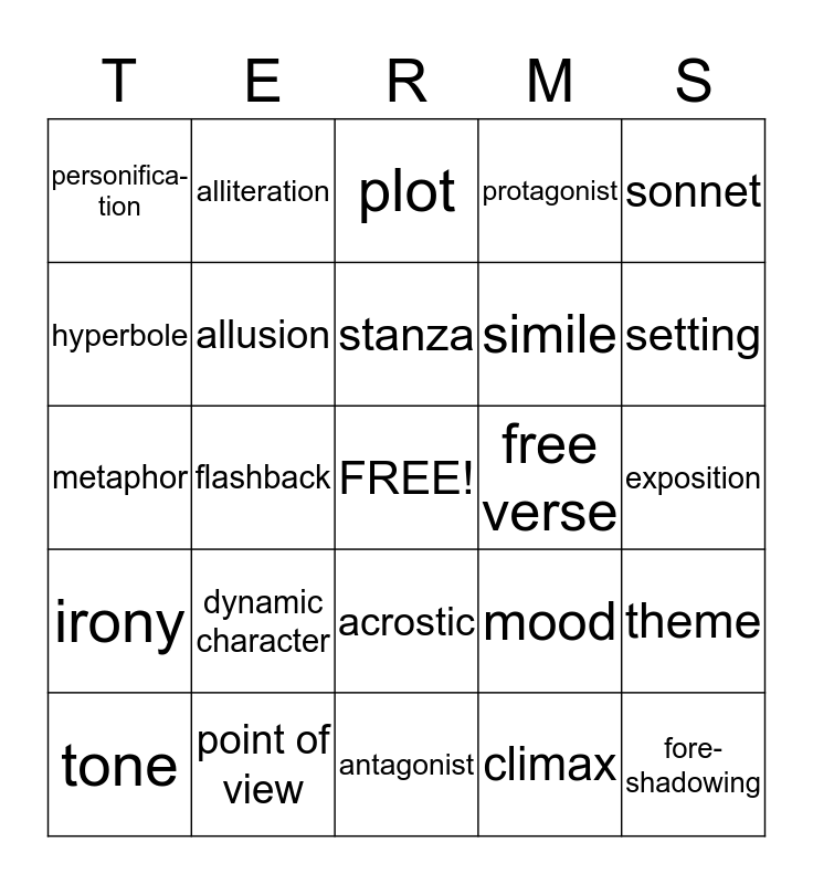 Literary /Poetry Terms Bingo Card