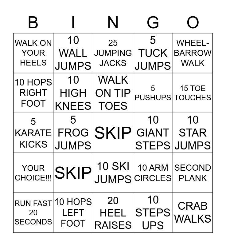 Gross Motor Bingo Card