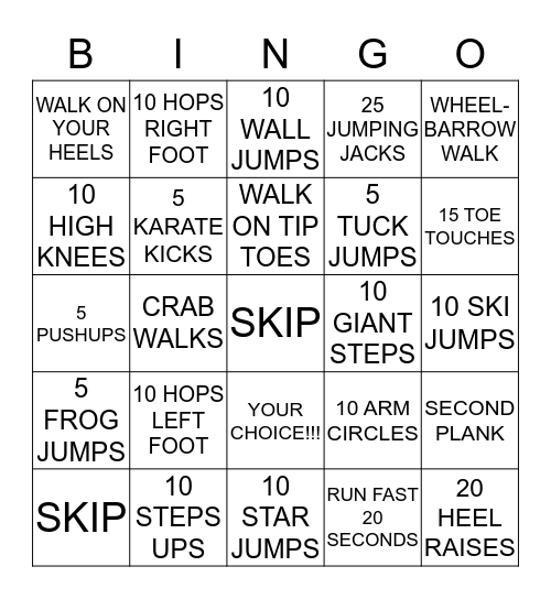 Gross Motor Bingo Card