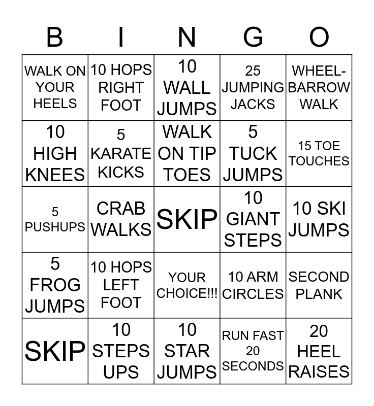 Gross Motor Bingo Card