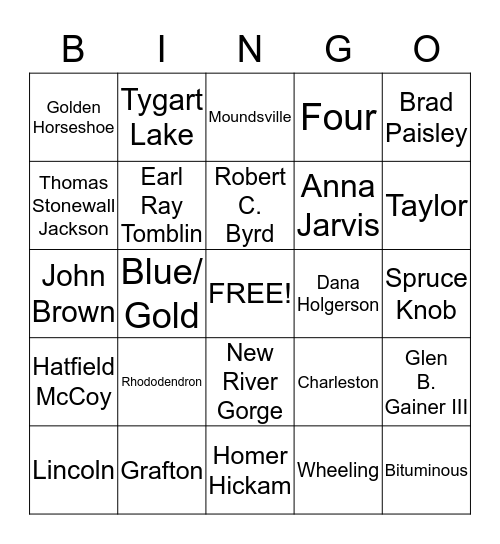 West Virginia Bingo Card