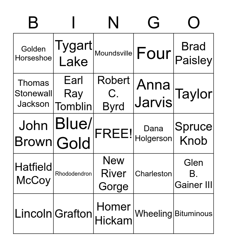 West Virginia Bingo Card