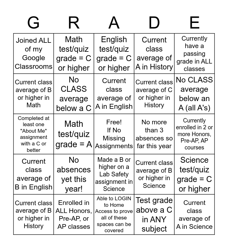 Grade Check Bingo Card
