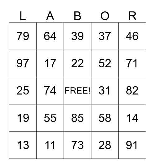 LABOR DAY Bingo Card