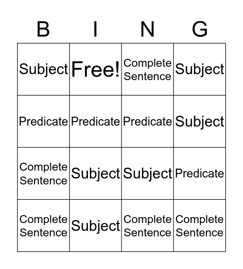 Subjects and Predicates Bingo Card