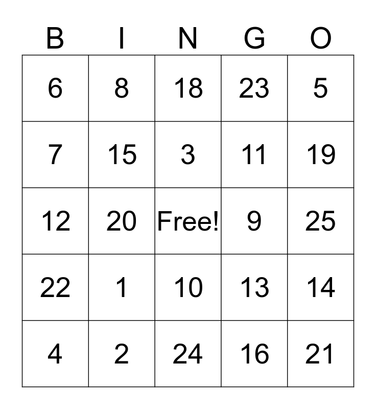 Numbers 123 Bingo Card