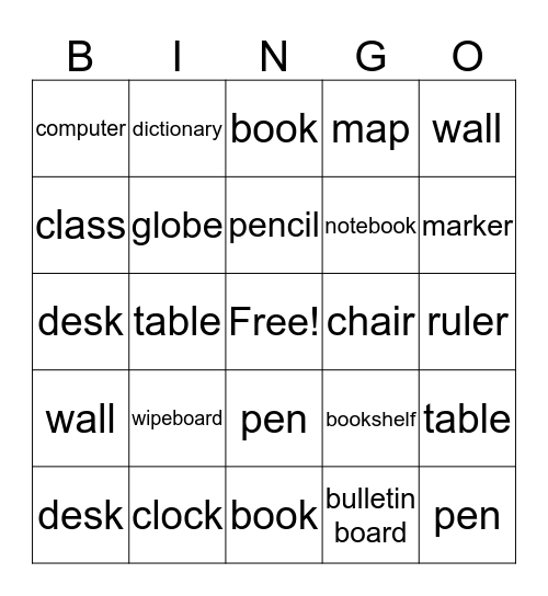 Classroom Objects Bingo Card