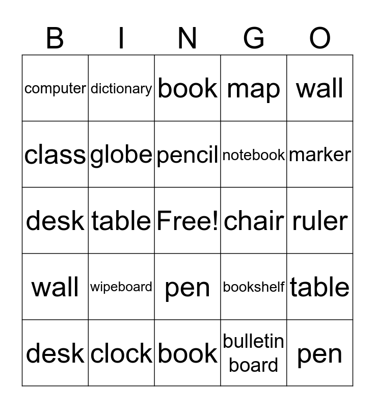 Classroom Objects Bingo Card