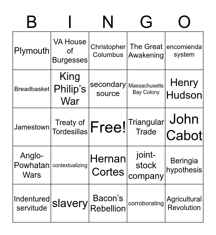 American History Bingo Card