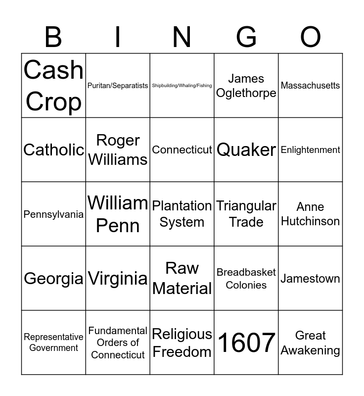 Leonora's 13 Colonies Bingo Card