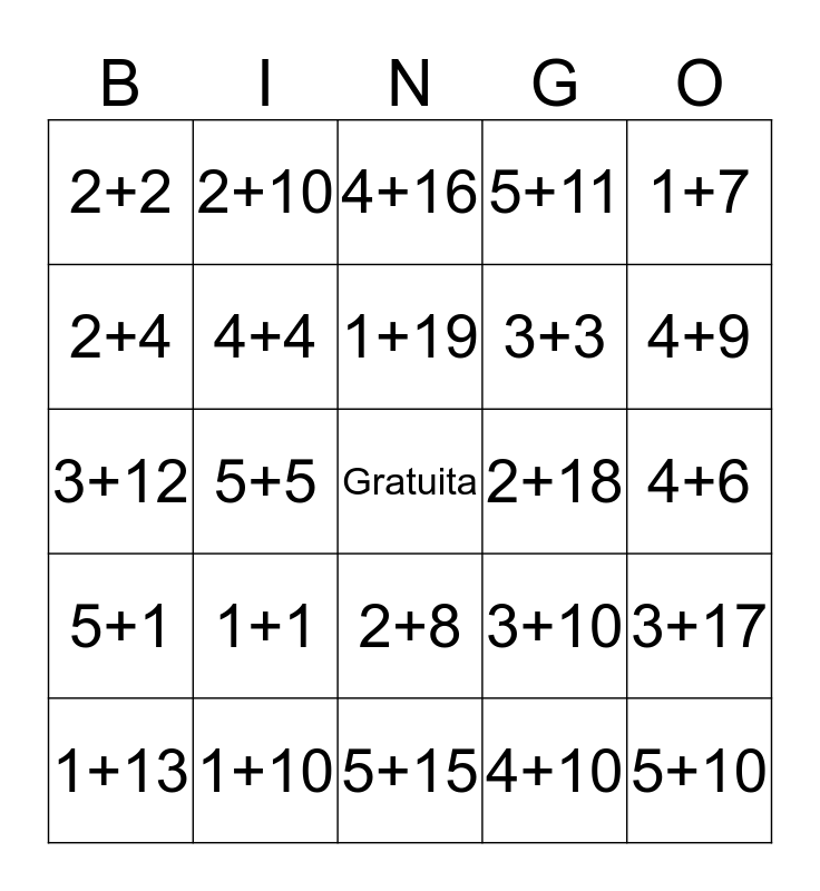 Bingo de Sumas Bingo Card