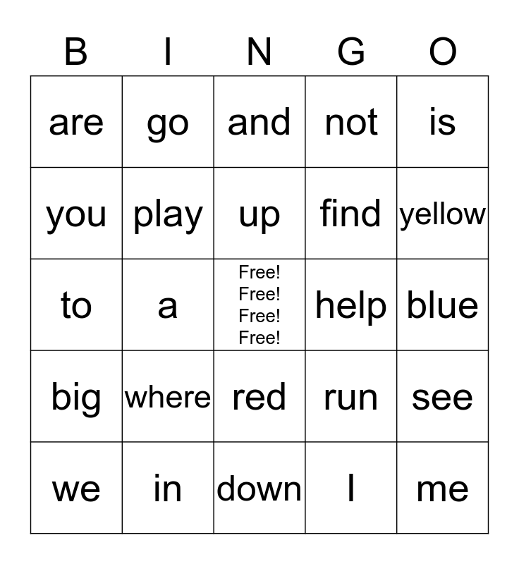 Sight Word Bingo Card