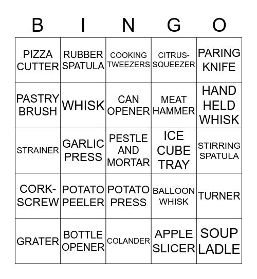 KITCHEN UTENSILS Bingo Card