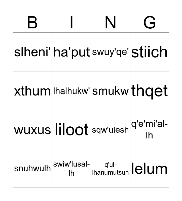 Hul'q'umi'num' 1 Bingo Card