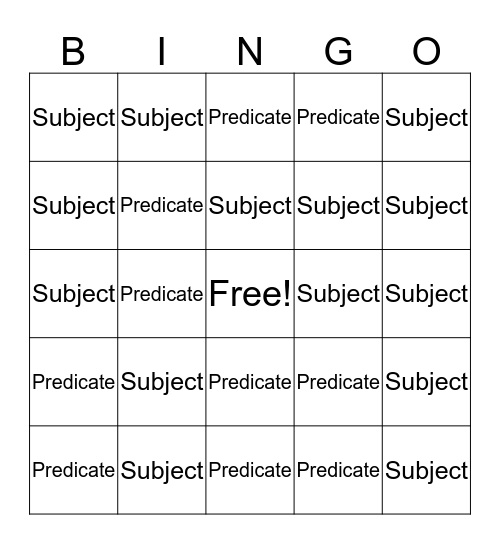 Subject Predicate Bingo Card