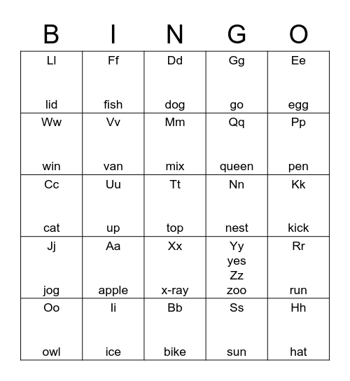 Alphabet Bingo Card