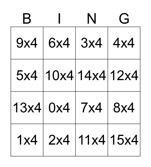 4 Times Table Bingo Card