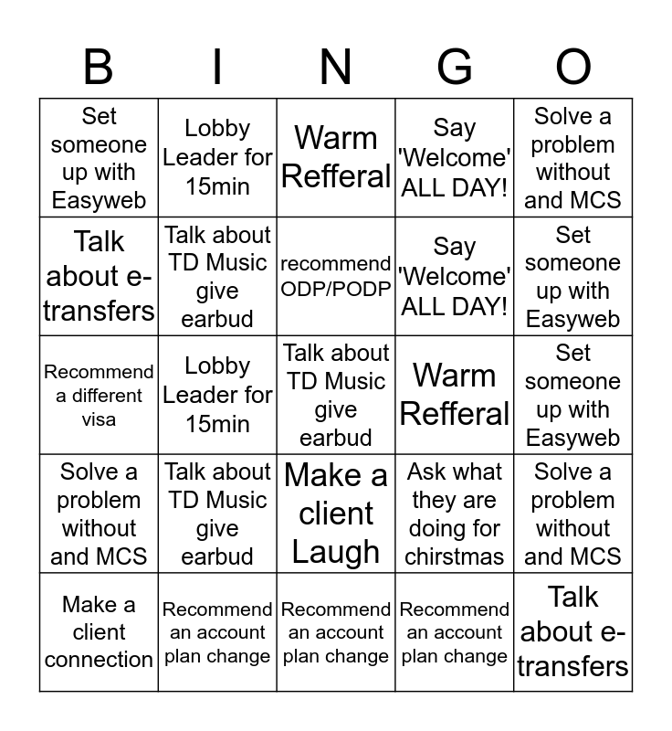 Client Connection CSR Bingo Card