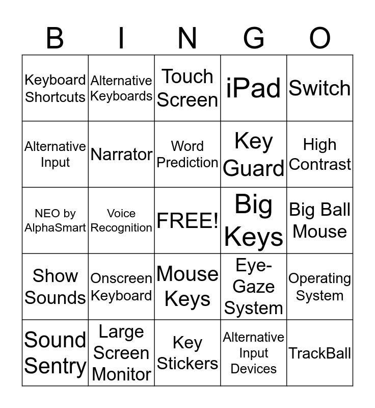 Assistive Technology and Computers Bingo Card