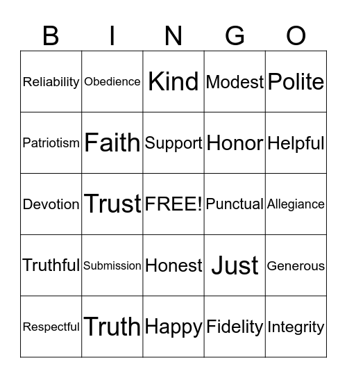 Good Character Traits Bingo Card