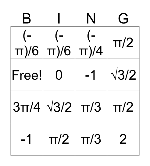 Inverse Trig Functions Bingo Card