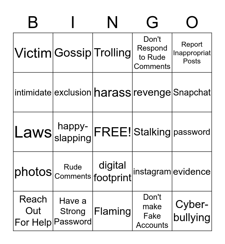 Cyberbullying Bingo Card