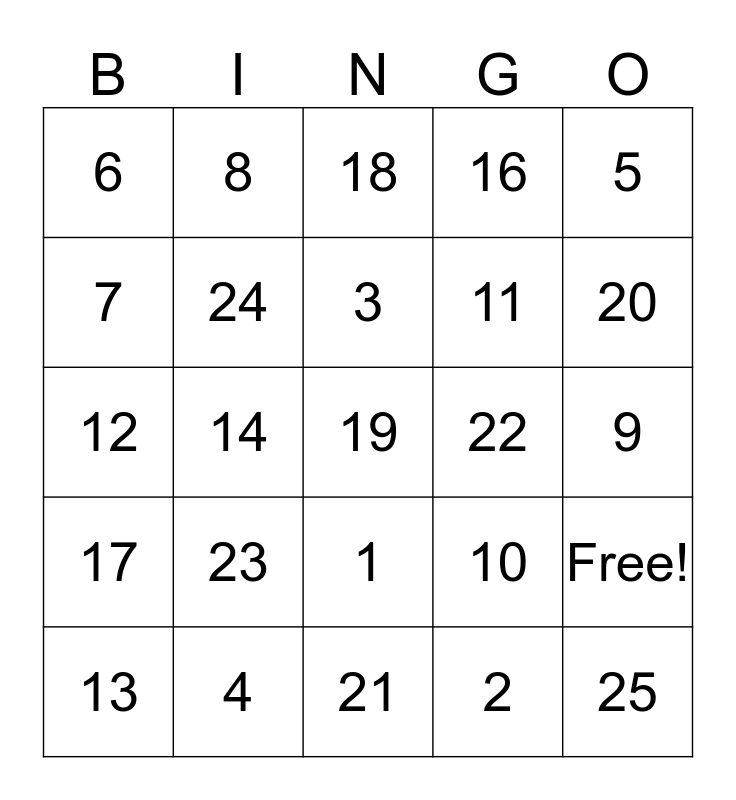 NUMBERS 1-20 Bingo Card