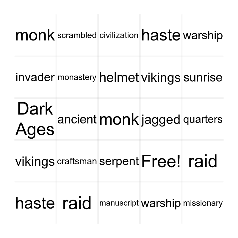 Viking Vocabulary Bingo Card