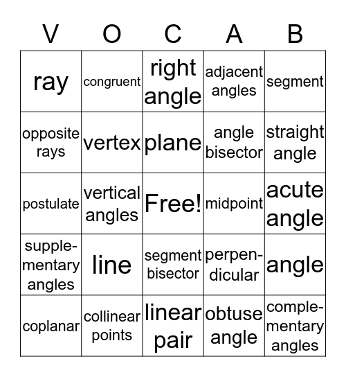 Geometry Vocabulary Bingo Card