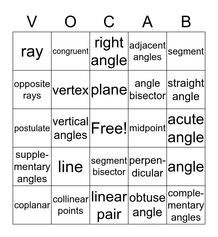 Geometry Vocabulary Bingo Card