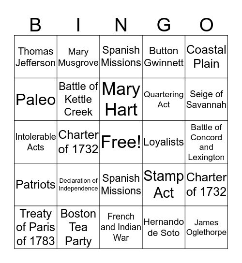 Georgia Studies SS8H3 Bingo Card