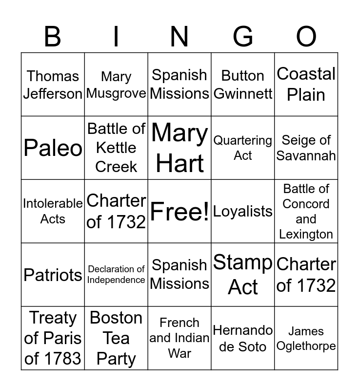 Georgia Studies SS8H3 Bingo Card