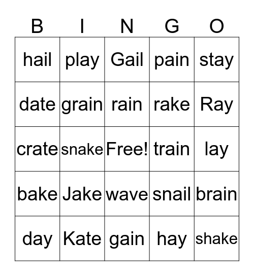 Long a words Bingo Card