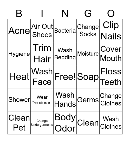 Personal Hygiene Bingo Card