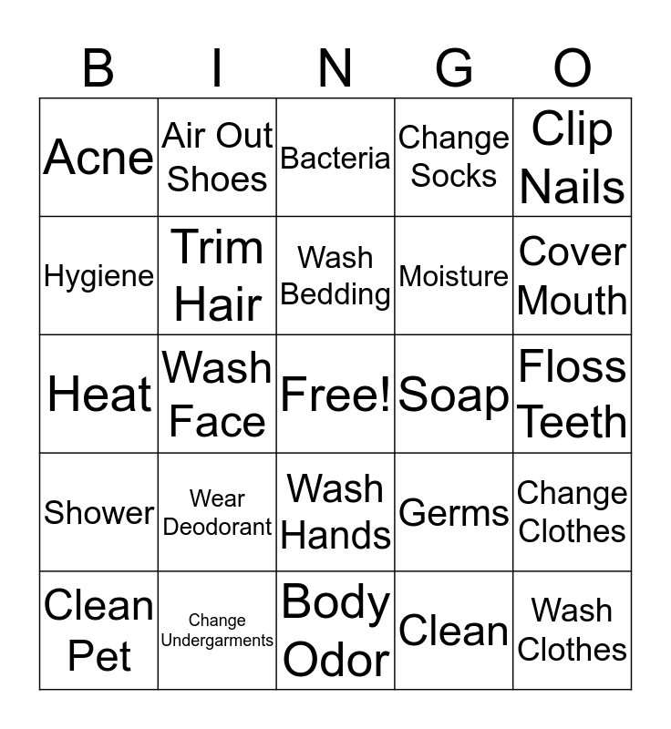 Personal Hygiene Bingo Card