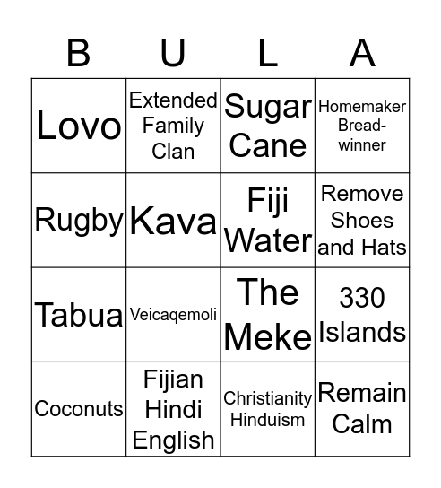 Bula Family Bingo Game Bingo Card
