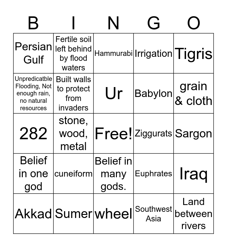 Mesopotamia Review Game Bingo Card