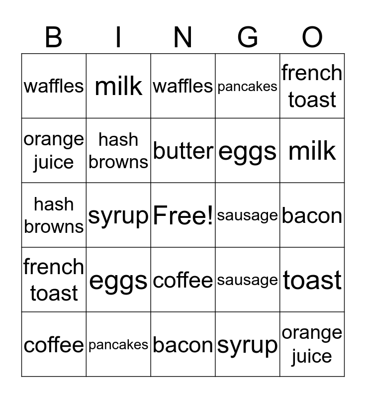 Breakfast Bingo Card